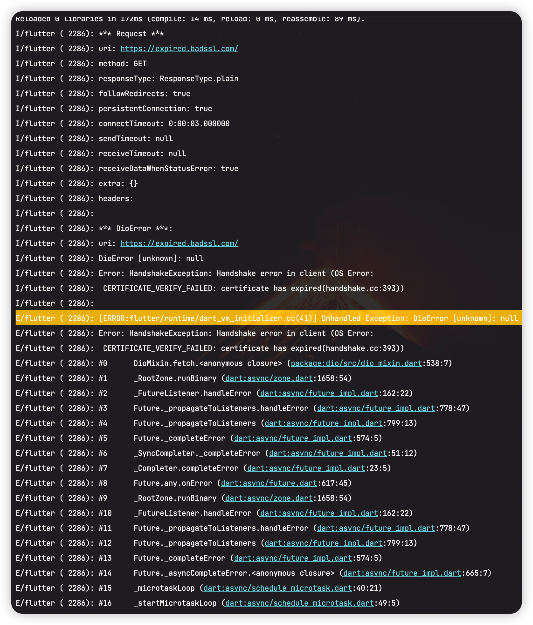Handshake errors aren't propagated to the user · Issue #1701 · cfug/dio · GitHub