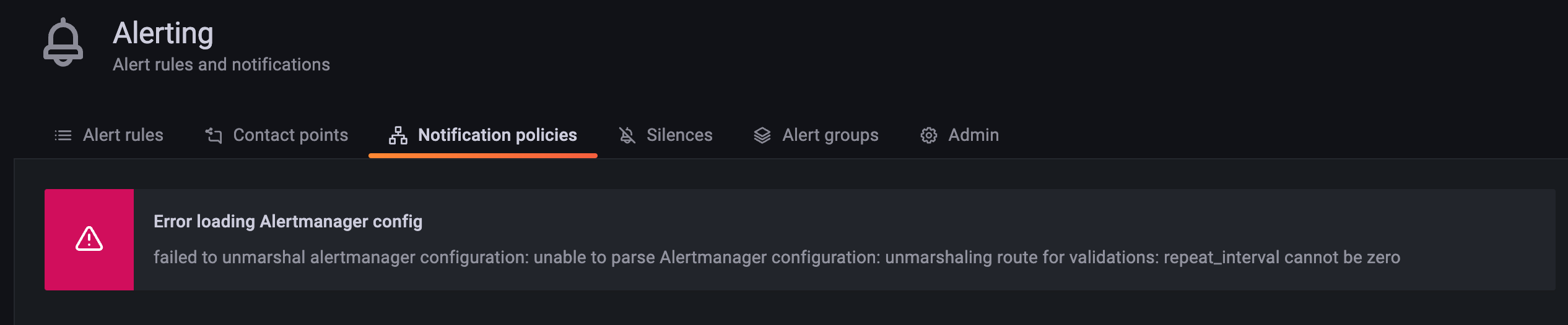 Setting timing settings to 0 seconds repeat interval breaks Notification Policies view · Issue ...