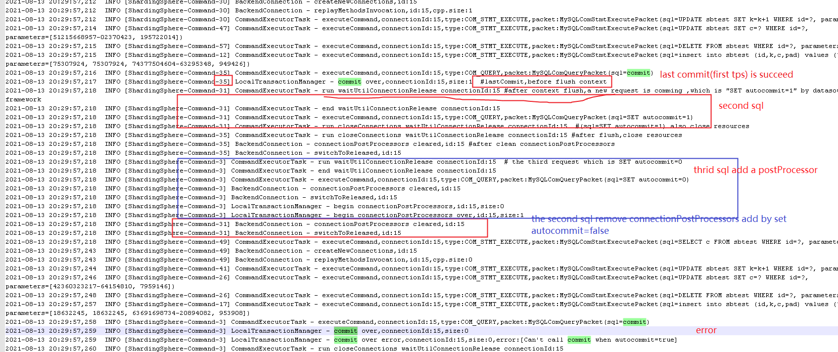 transaction statement commit error while using shared thread pool and ...