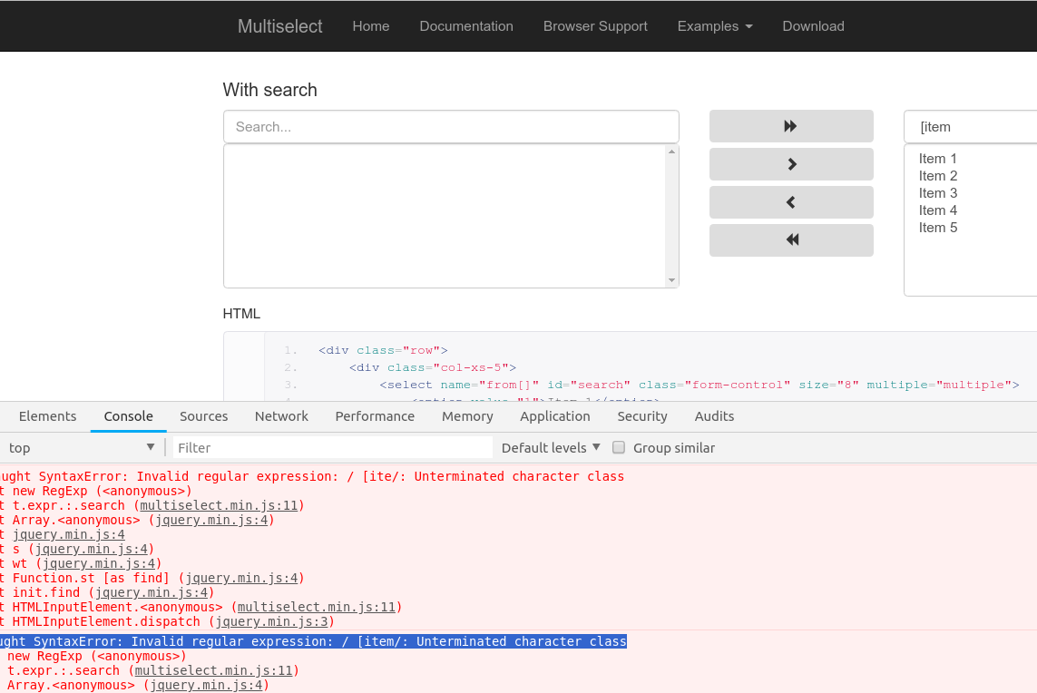 Invalid regular expression · Issue #164 · crlcu/multiselect · GitHub