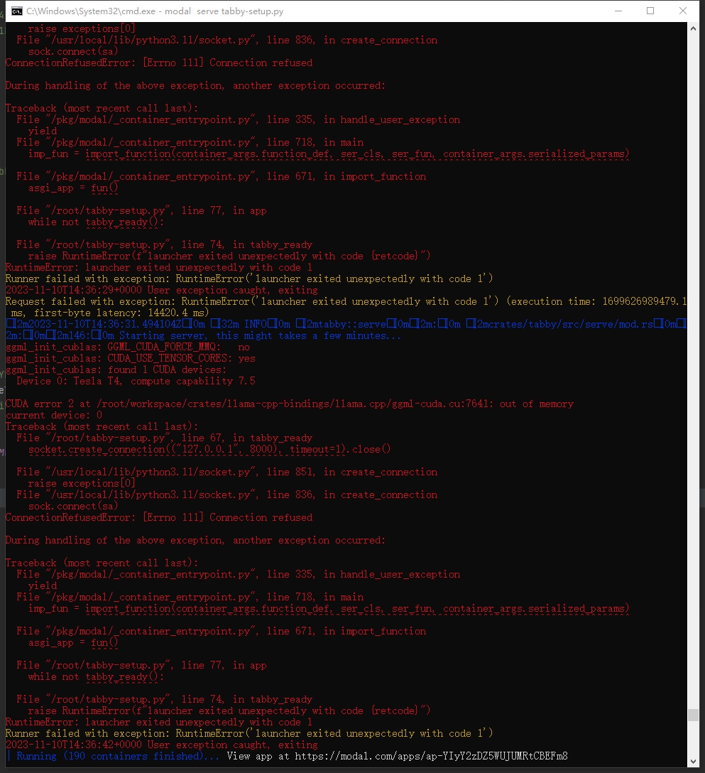 Out of memory when deploying TabbyML/CodeLlama-7B in Modal with default Modal app.py script ...
