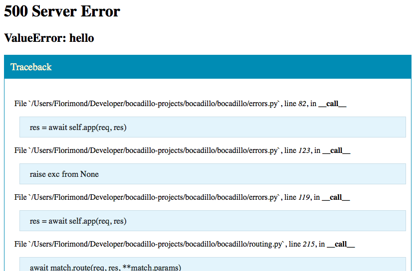 Improve looks of in-browser traceback · Issue #98 · bocadilloproject/bocadillo · GitHub