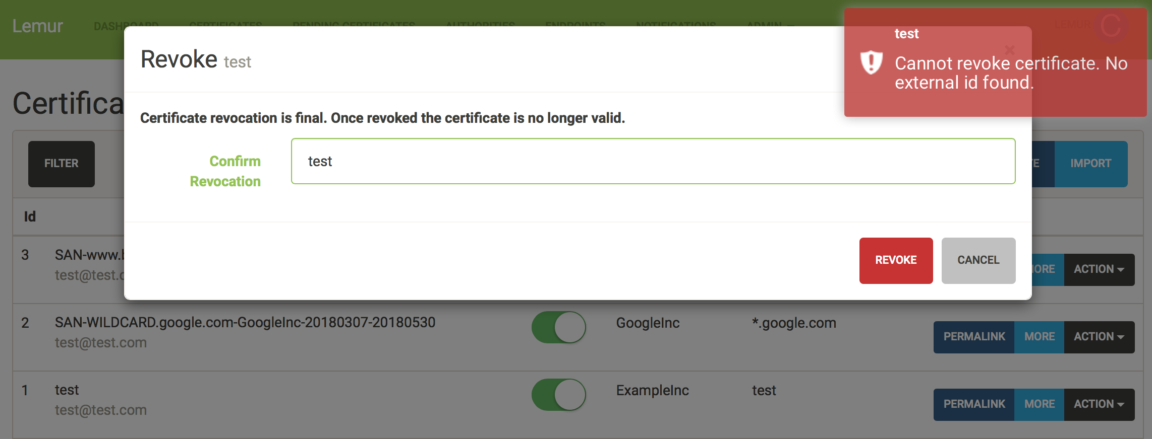 Cannot revoke certificate. No external id found. · Issue #1123 · Netflix/lemur · GitHub