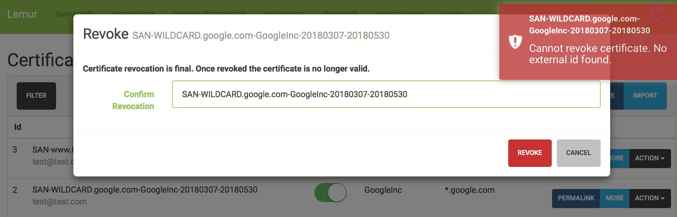 Cannot revoke certificate. No external id found. · Issue #1123 · Netflix/lemur · GitHub
