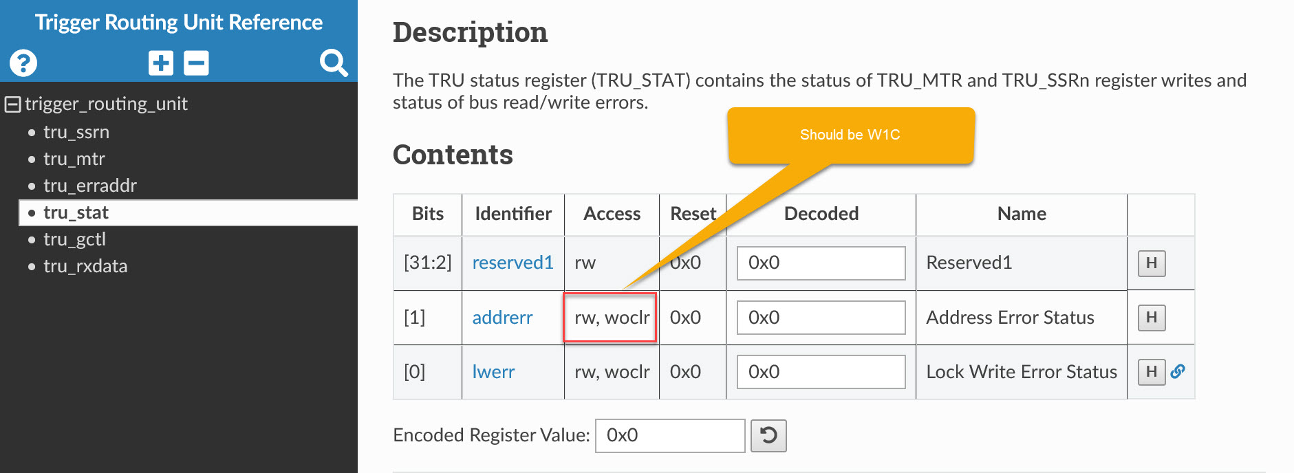 Access display should be W1C and not rw, woclr · Issue #22 · SystemRDL/PeakRDL-html · GitHub