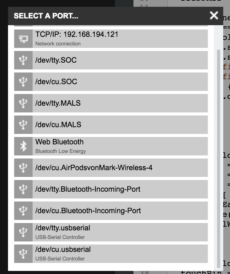 Filter for 'SELECT A PORT...' · Issue #188 · espruino/EspruinoWebIDE · GitHub