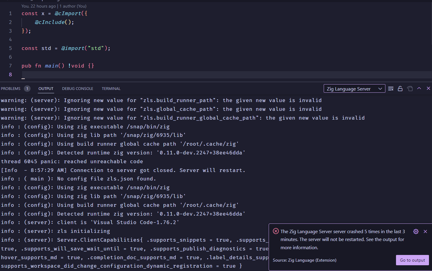 The Zig Language Server server crashed 5 times in the last 3 minutes ...