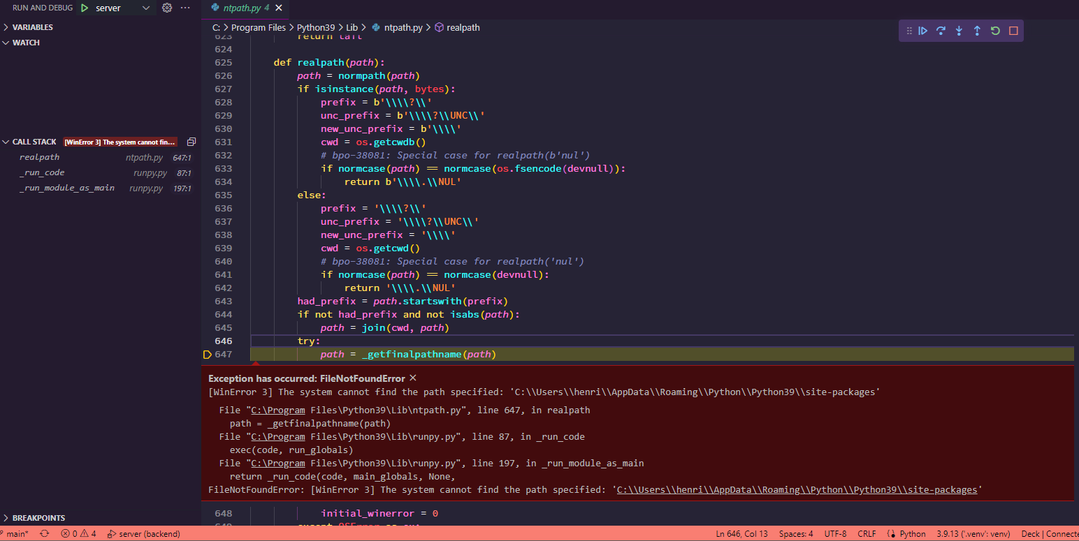 Filenotfounderror On Hallucinated Site Packages Path When Starting
