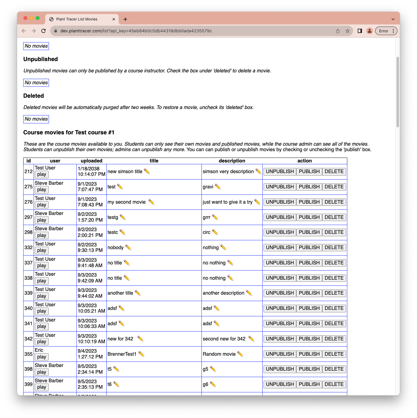 Add `status` to course movie list indicating if movie is published or unpublished. Fix admin ...