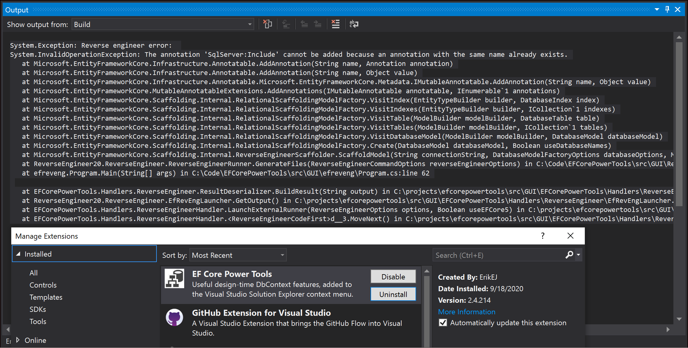 The annotation 'SqlServer:Include' cannot be added because an annotation with the same name ...