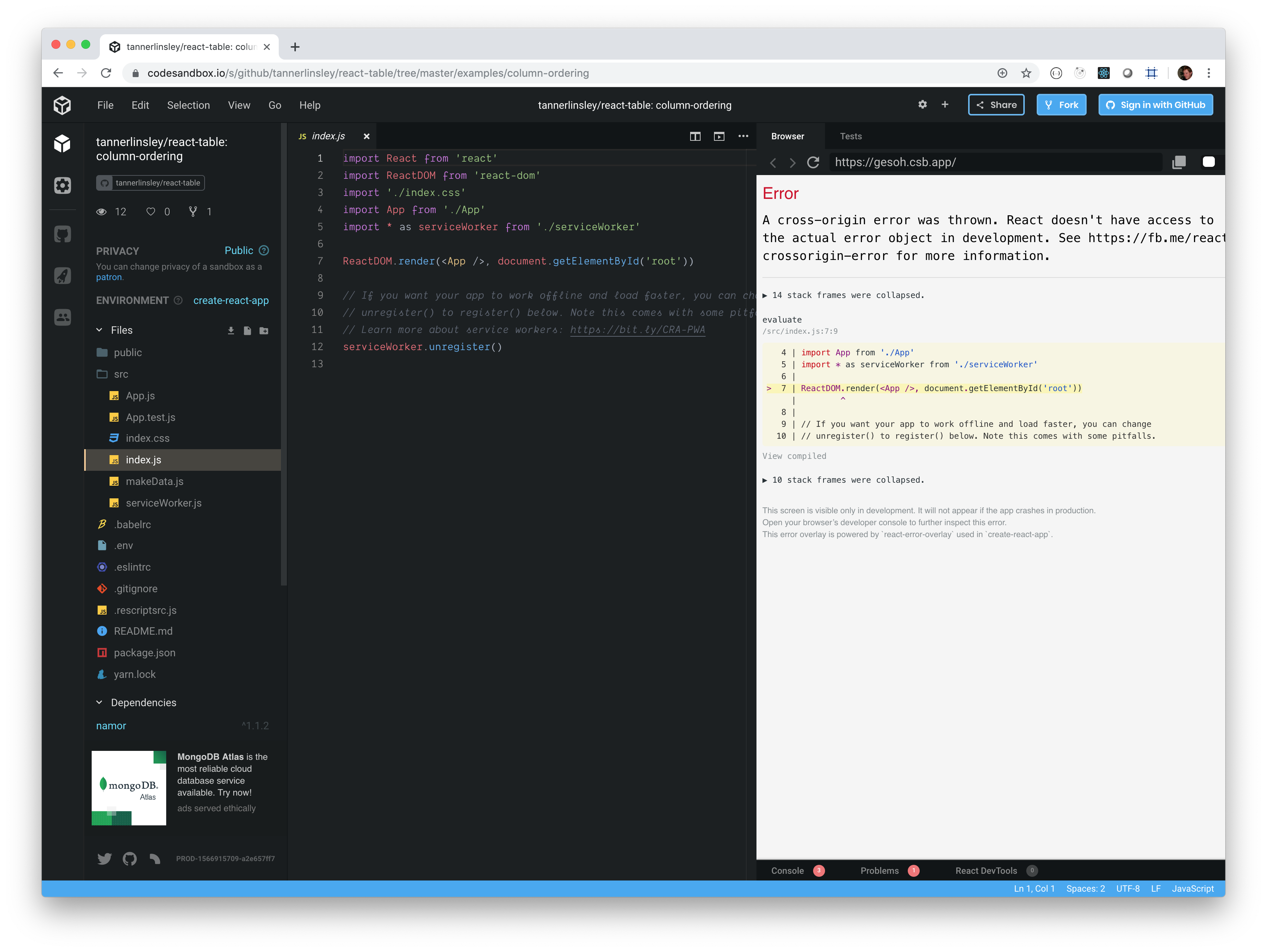 The Column Ordering Codesandbox Example Is Broken · Issue 1480 · Tanstacktable · Github