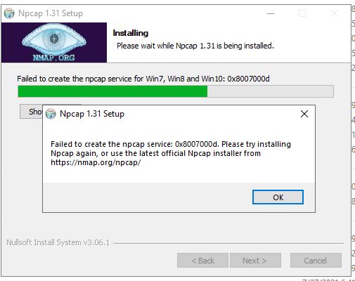 Npcap lwf driver has failed to be installed Error: 0x8007000d · Issue #527 · nmap/npcap · GitHub