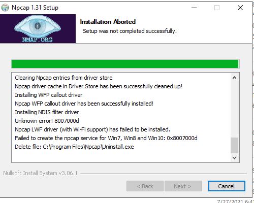 Npcap lwf driver has failed to be installed Error: 0x8007000d · Issue ...