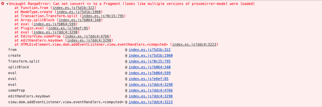 Uncaught RangeError: Can not convert to a Fragment (looks like multiple versions of prosemirror ...