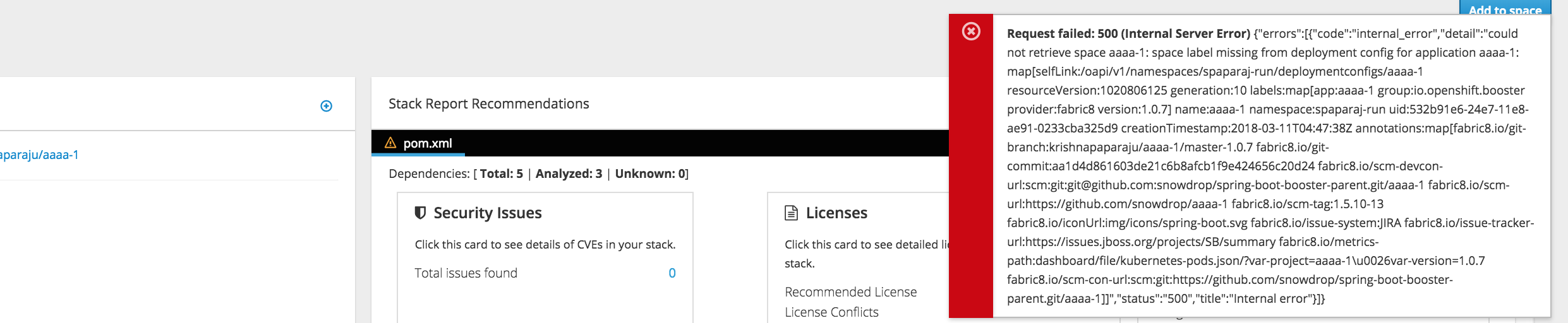 500 error while retrieving spaces · Issue #2546 · openshiftio/openshift.io · GitHub