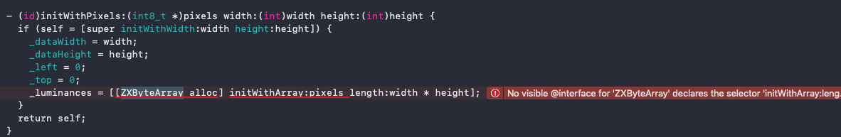 [[ZXByteArray alloc] initWithArray:pixels length:width * height ...