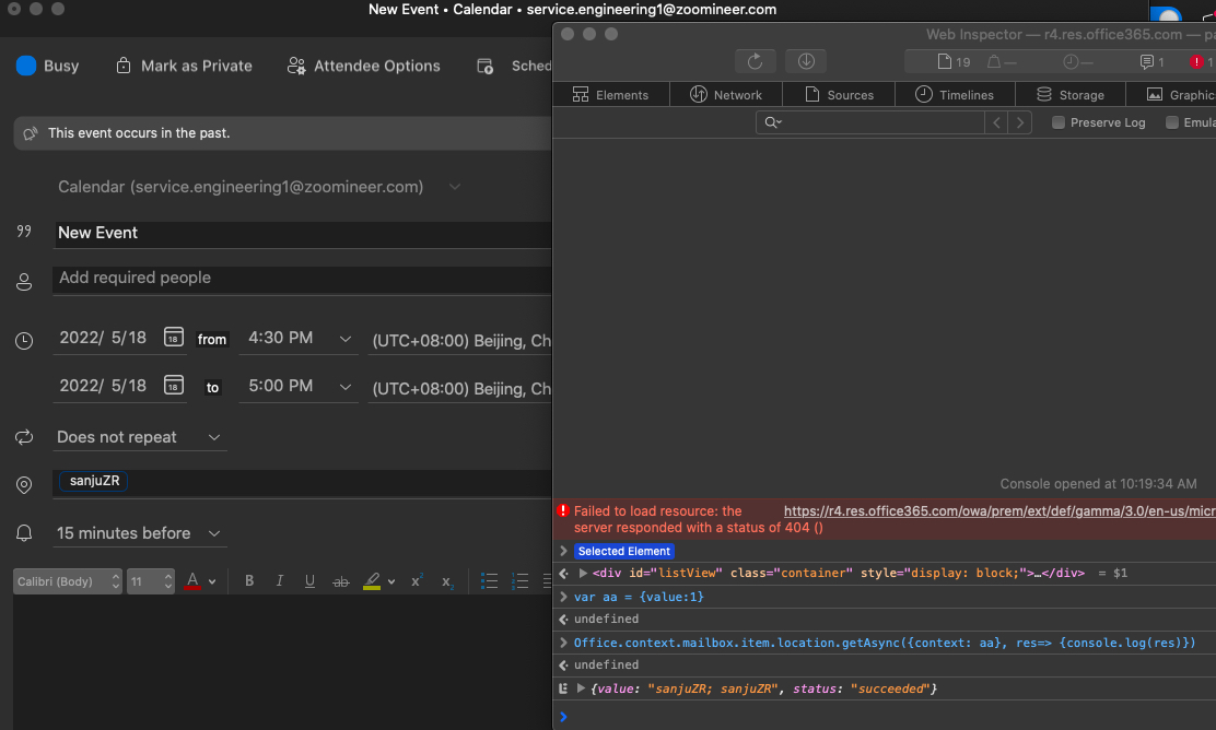 [Outlook] location.getAsync get a strange result when using 'Scheduling Assistant' on Mac ...