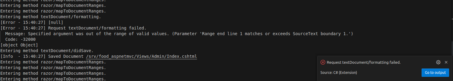 Got Request Textdocument Formatting Failed When Saving Cshtml · Issue 5679 · Dotnet Vscode