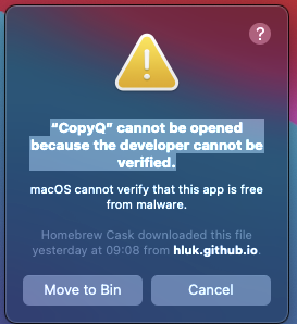 MacOS: “CopyQ” cannot be opened because the developer cannot be verified. · Issue #1736 · hluk ...