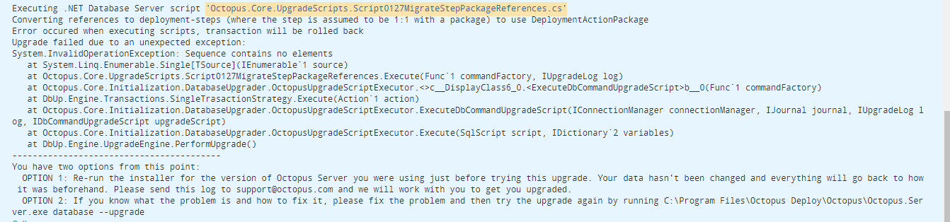 Database upgrade script failed with a InvalidOperationException · Issue #5335 · OctopusDeploy ...
