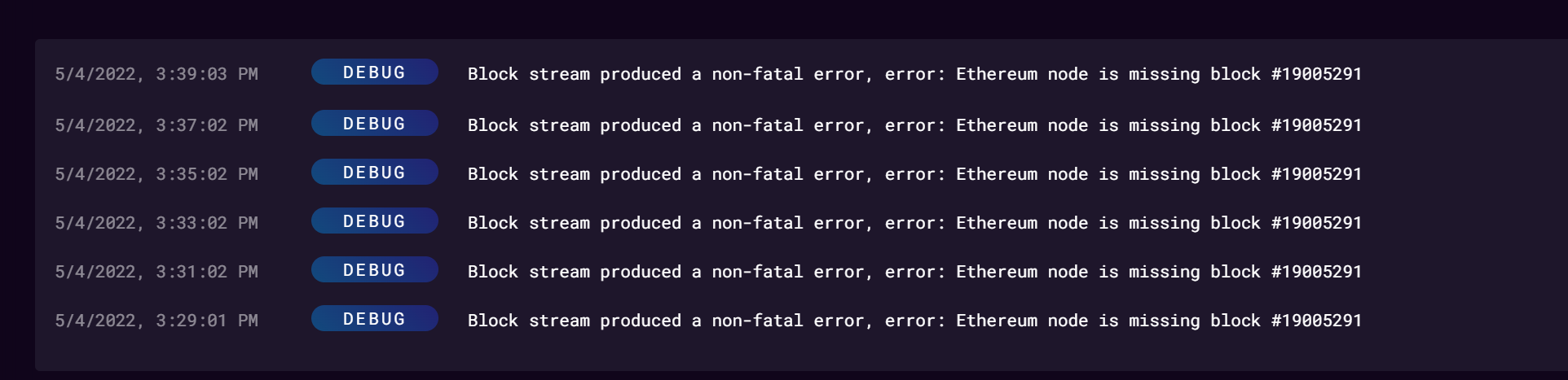 Block stream produced a non-fatal error, error: Ethereum node is missing block #19005291 · Issue ...
