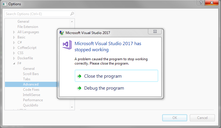 Immediate Vs2017 15 8 2 Crash When Going To Options F Advanced With A Twoway Or