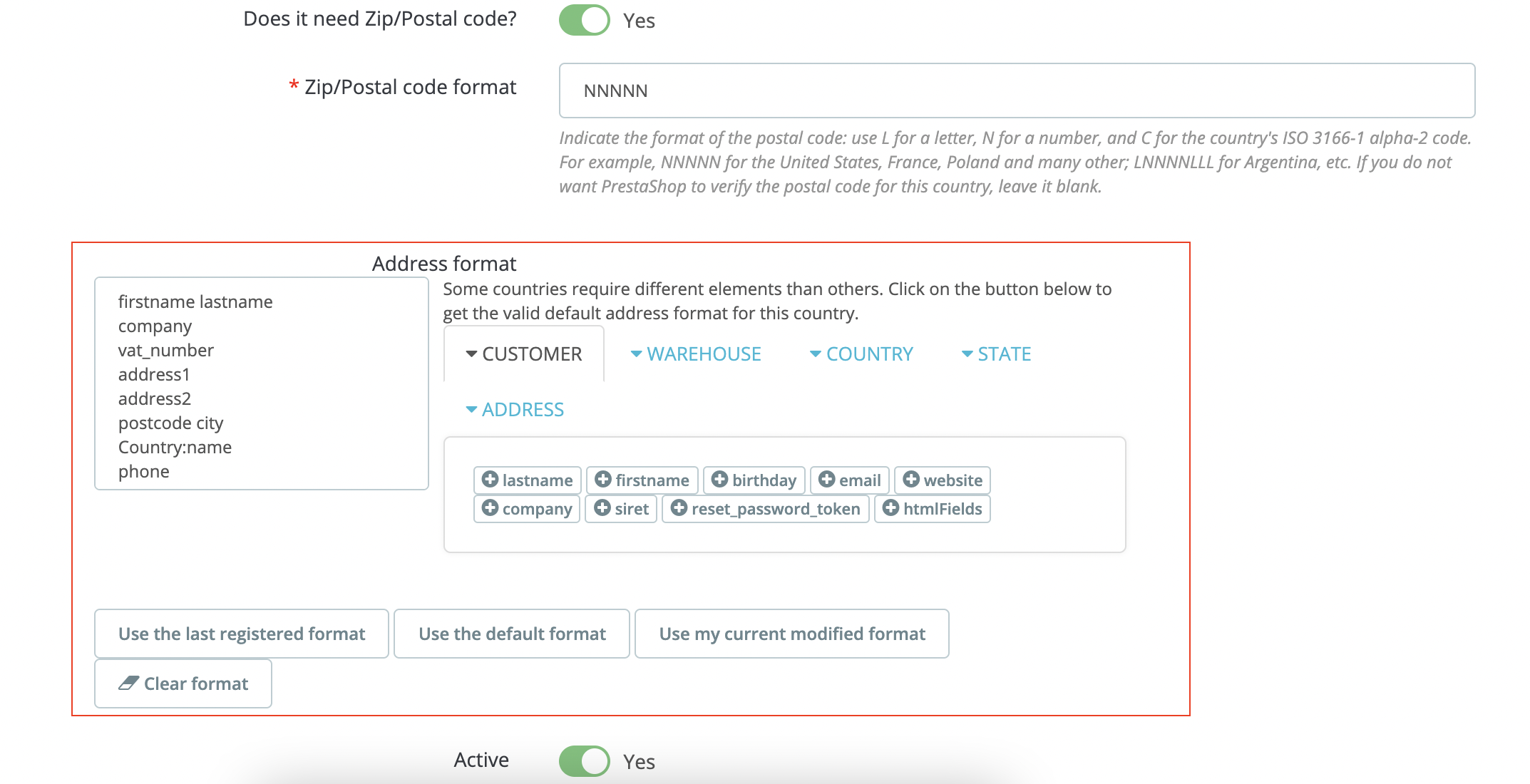 BO - Address format in Countries page is badly displayed · Issue #26342 · PrestaShop/PrestaShop ...