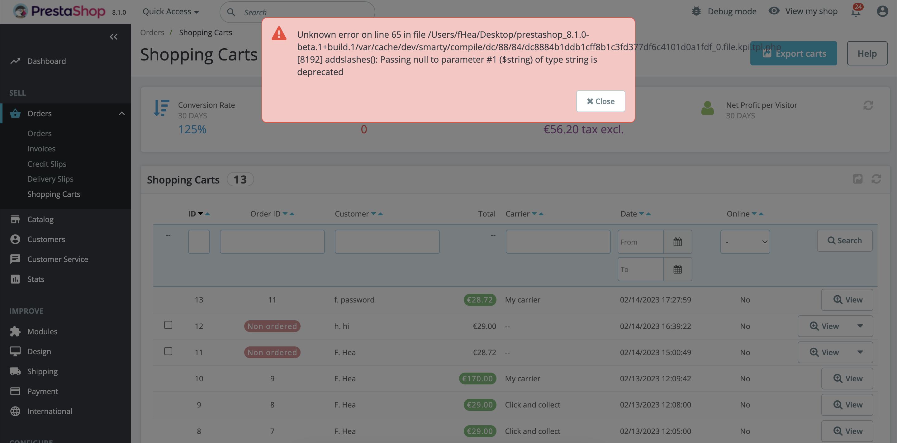 BO - Shopping carts - Warning displayed addslashes(): Passing null to parameter #1 ($string) of ...