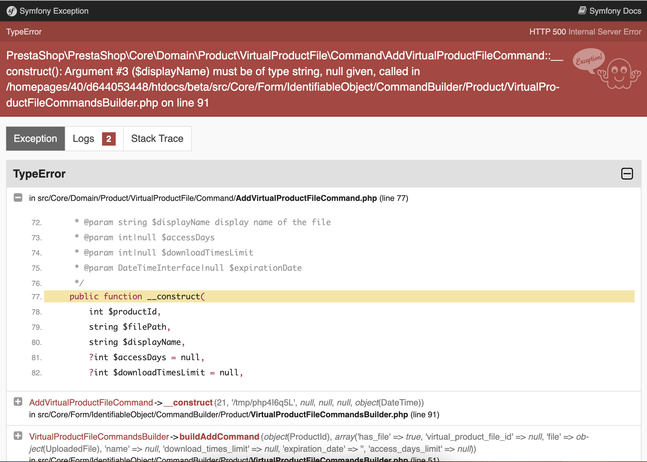 PPV2 - Virtual product - Add a downloadable file displays exception · Issue #31370 · PrestaShop ...