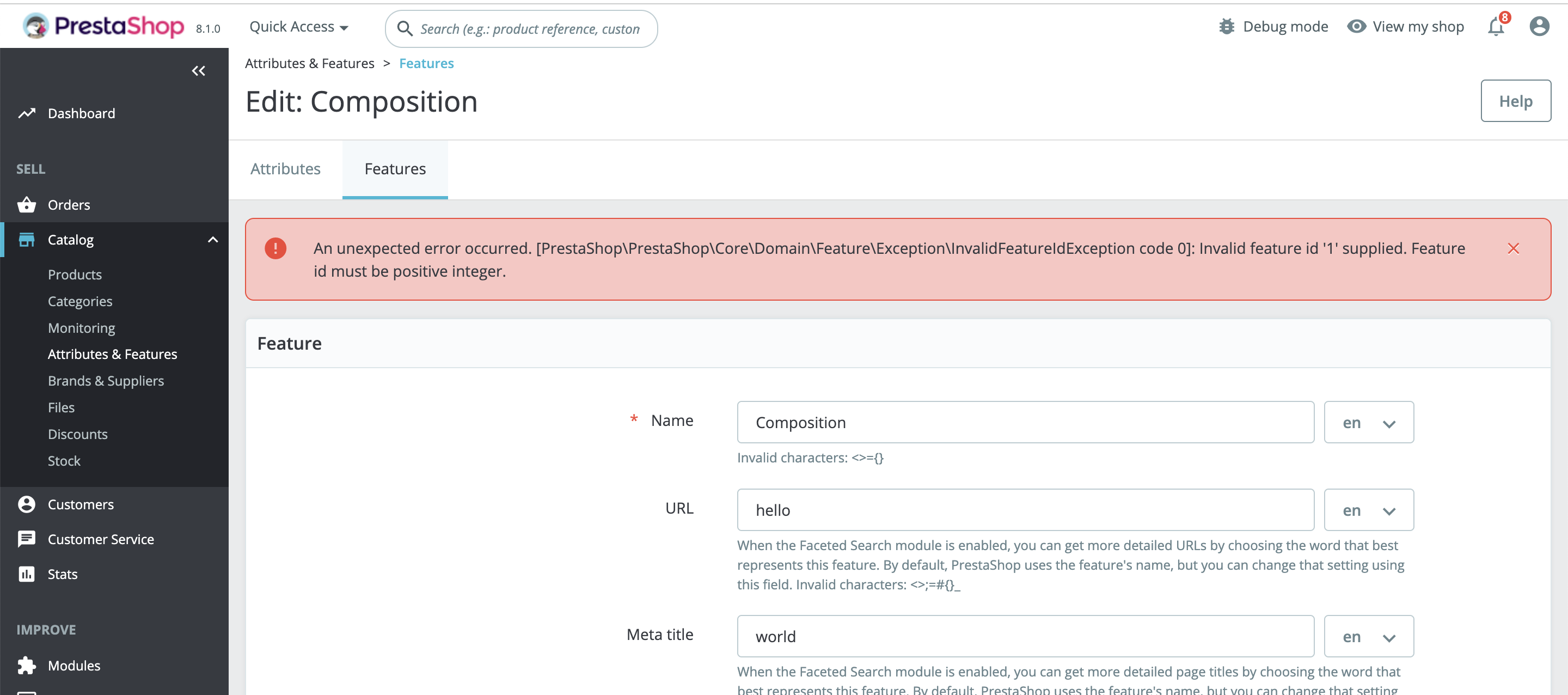 BO - Features - Exception when editing a feature · Issue #31572 · PrestaShop/PrestaShop · GitHub