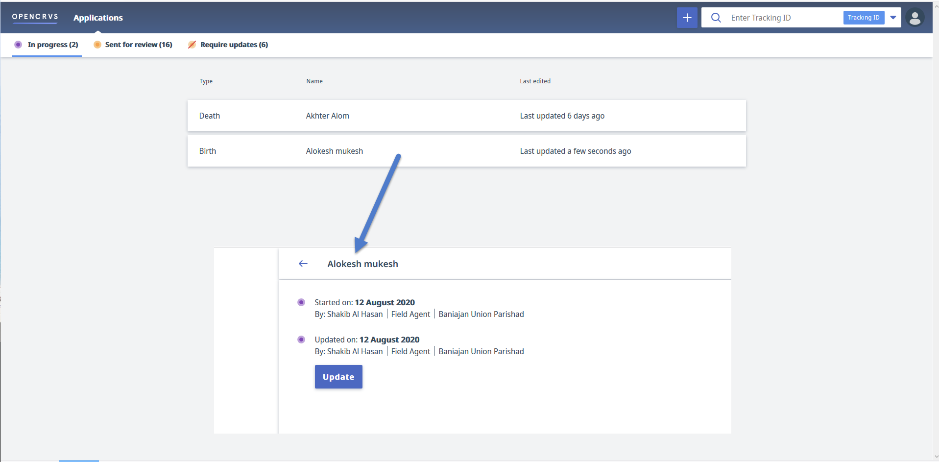 Both "Started On" & "Updated On" information shows after creating an application as field agent ...
