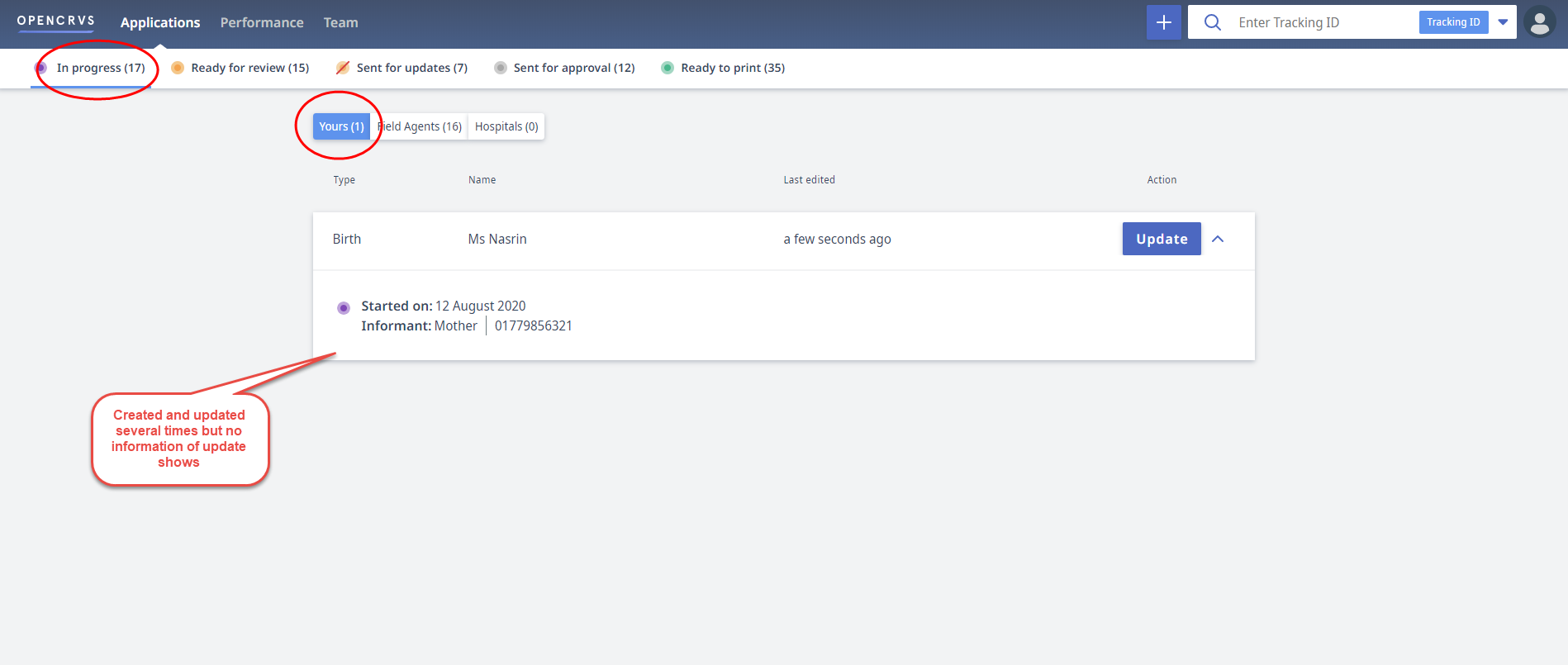 Update information of a draft application doesn't show which is created by registration clerk ...