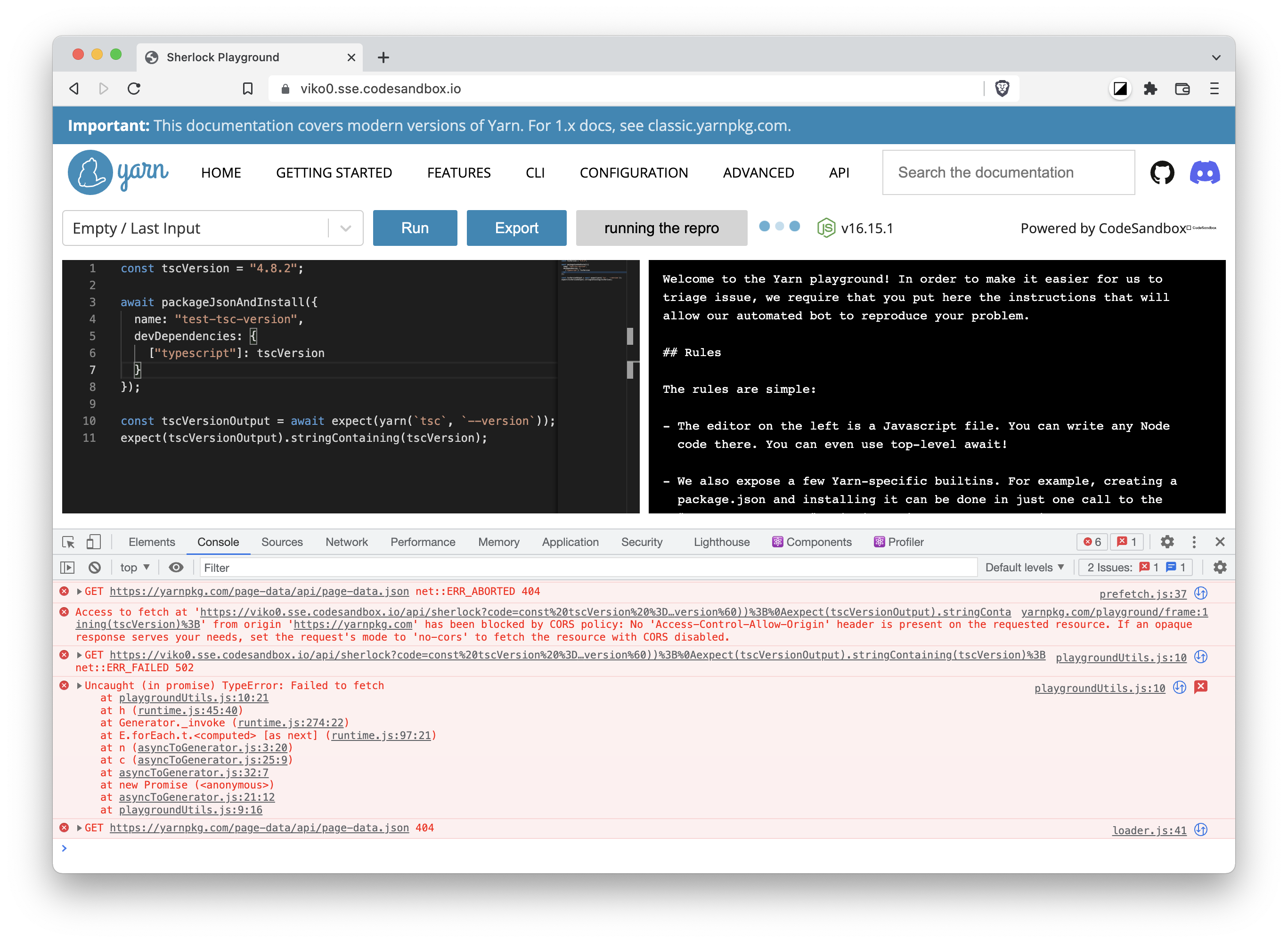 [Bug?]: Shrelock Playground gets stuck at "running the repro" state with errors in Console ...