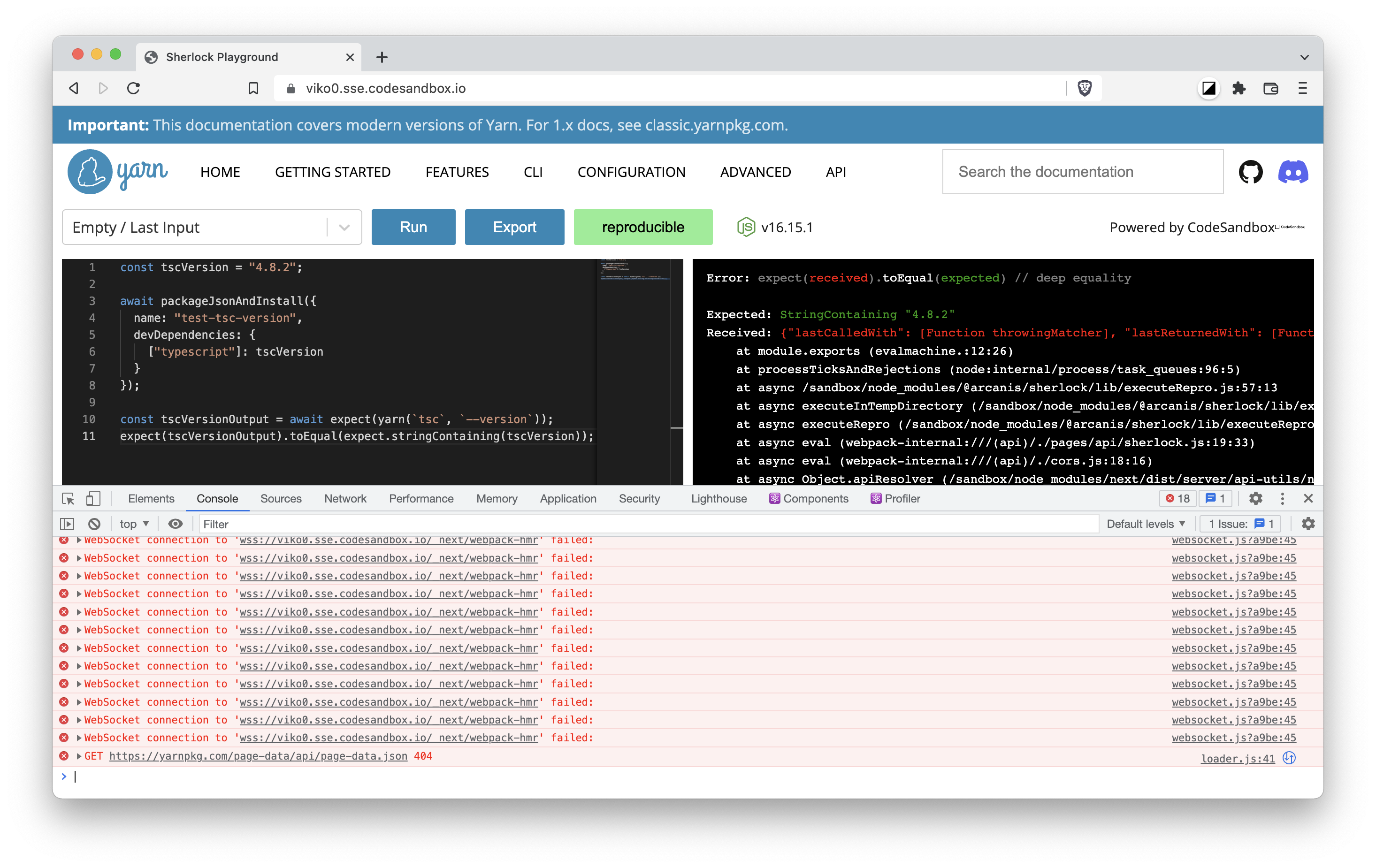 [Bug?]: Shrelock Playground gets stuck at "running the repro" state with errors in Console ...