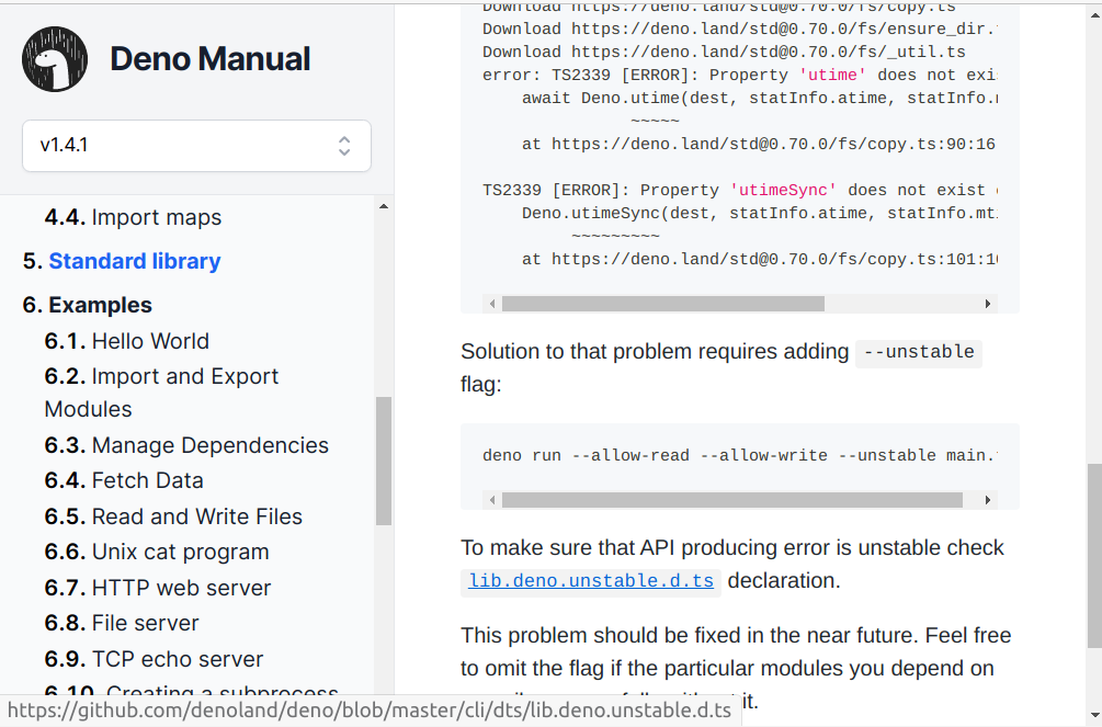 Deno manual should link to code in version branch instead of master. · Issue #1527 · denoland ...