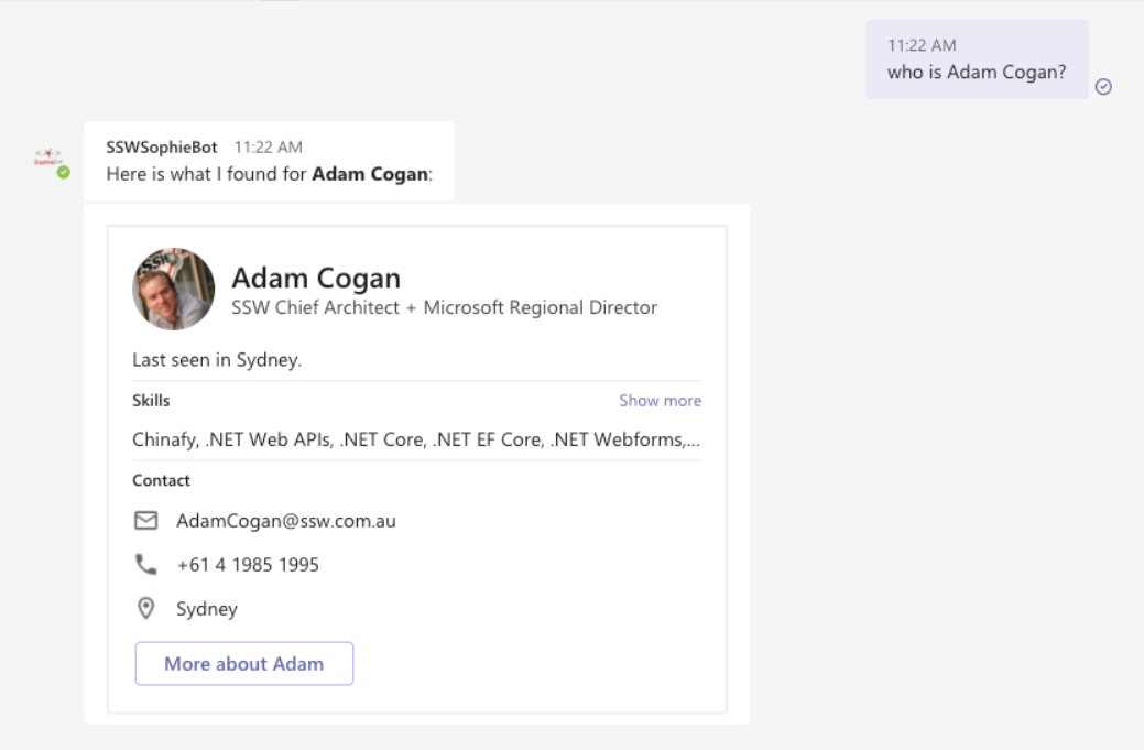 Query - who is adam cogan · Issue #139 · SSWConsulting/SSW.SophieBot · GitHub