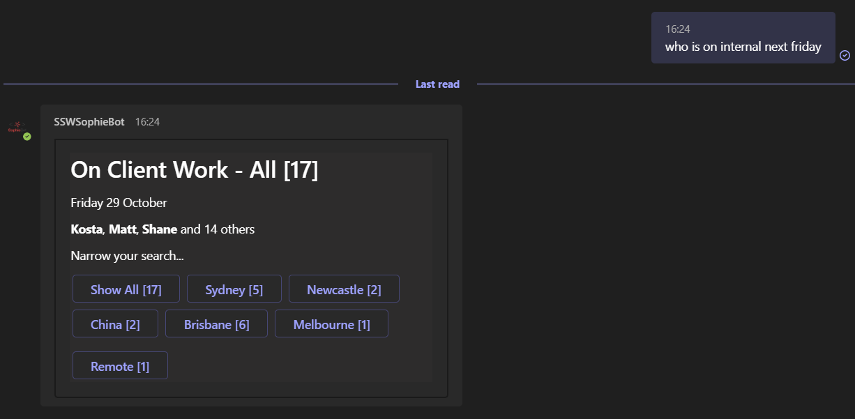 Query - who is free next friday · Issue #147 · SSWConsulting/SSW.SophieBot · GitHub
