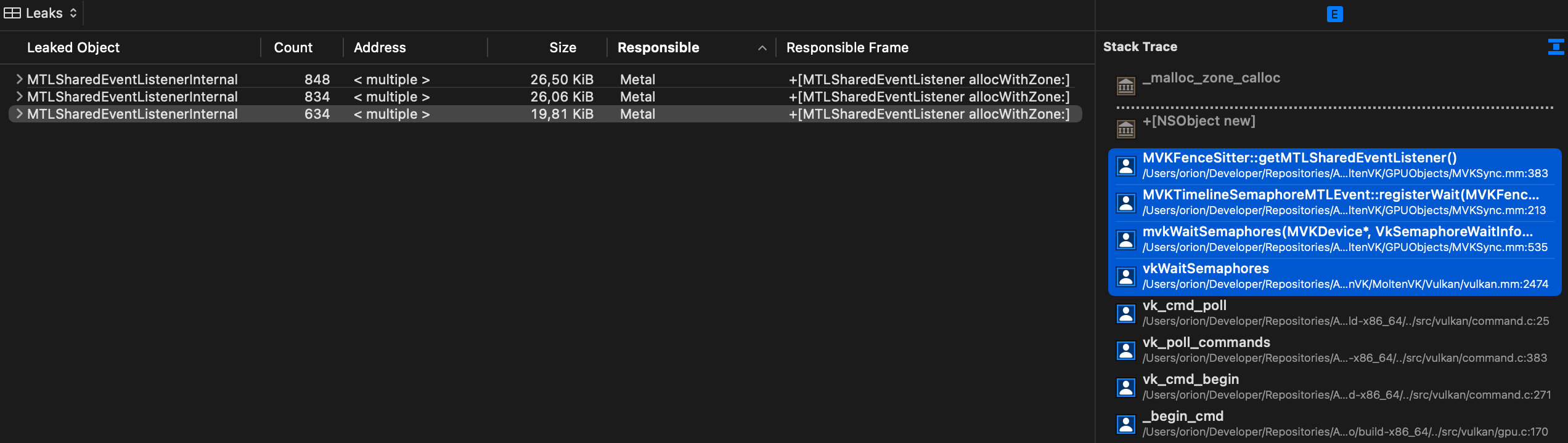 Memory leaking MTLSharedEventListener · Issue #1860 · KhronosGroup/MoltenVK · GitHub