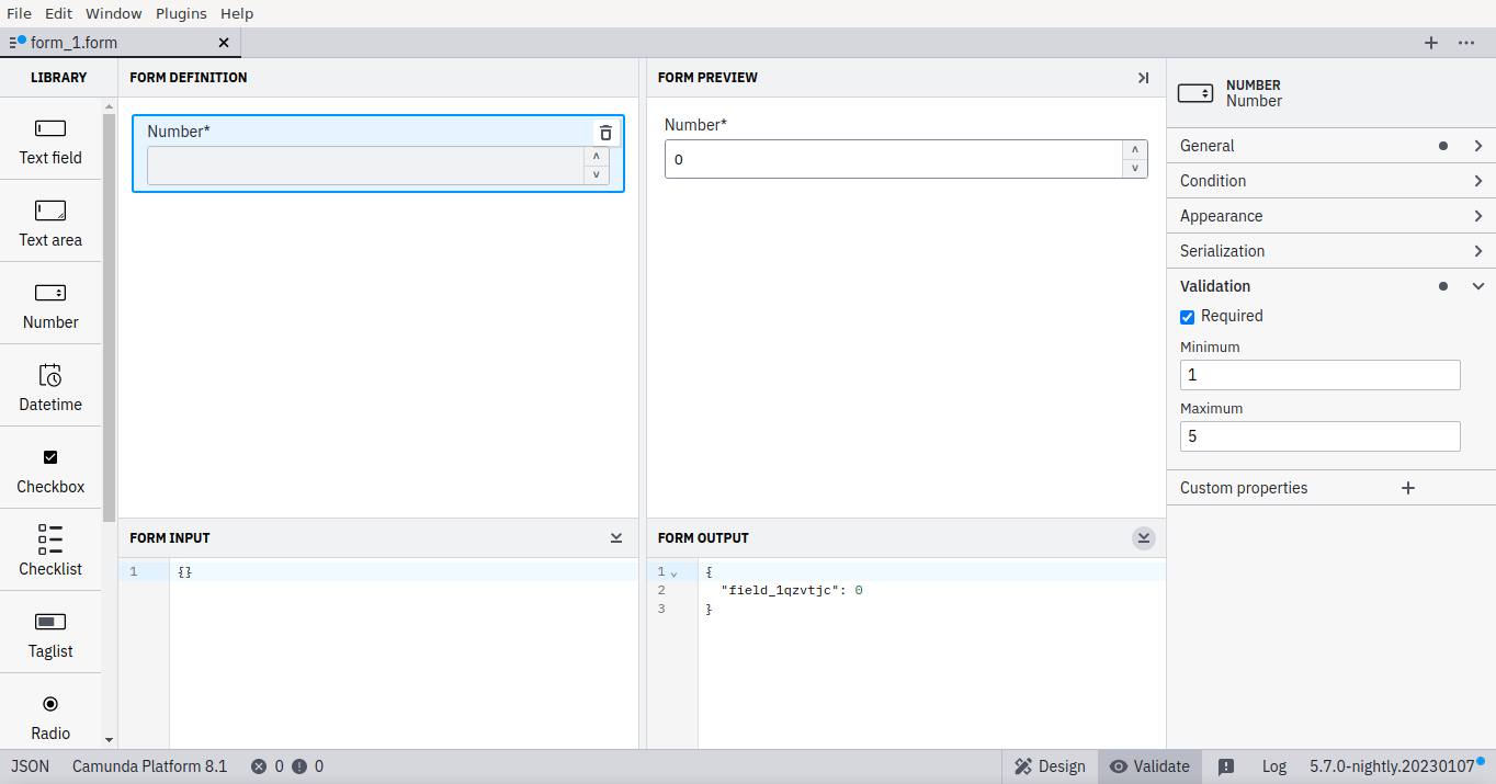 Number field validation minimum 1 allows 0 · Issue #486 · bpmn-io/form-js · GitHub