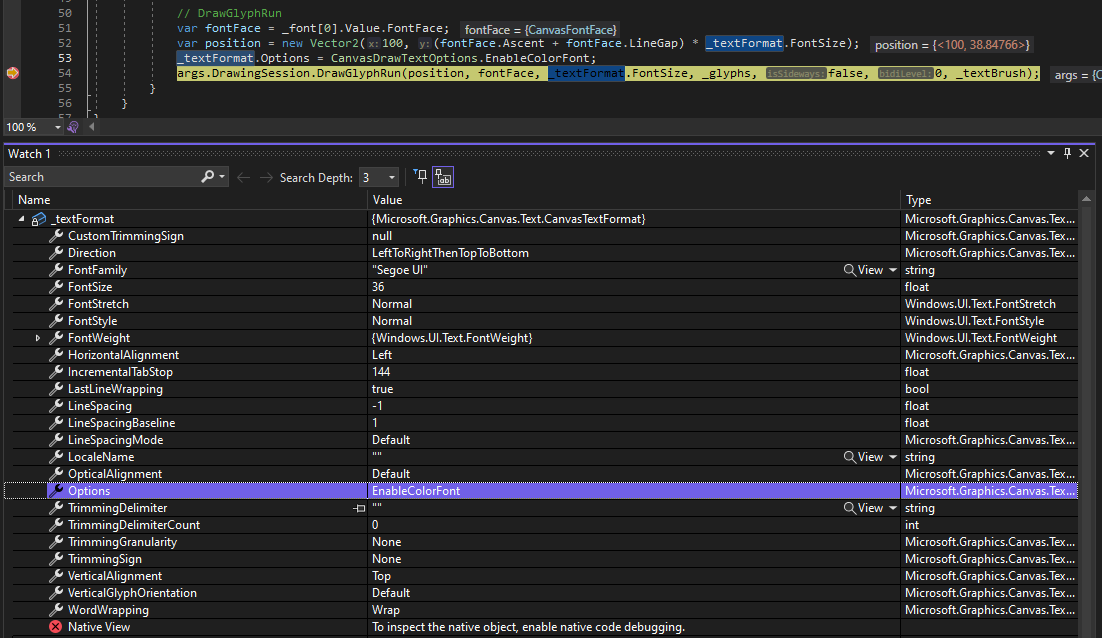 `CanvasDrawingSession.DrawGlyphRun` renders emojis in monochrome when using color font and ...