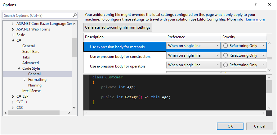 Allow using and not using expression bodies, whenever desired, without receiving warning ...