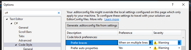 Code Style - Prefer braces when multiple lines does not show any warnings. · Issue #43299 ...