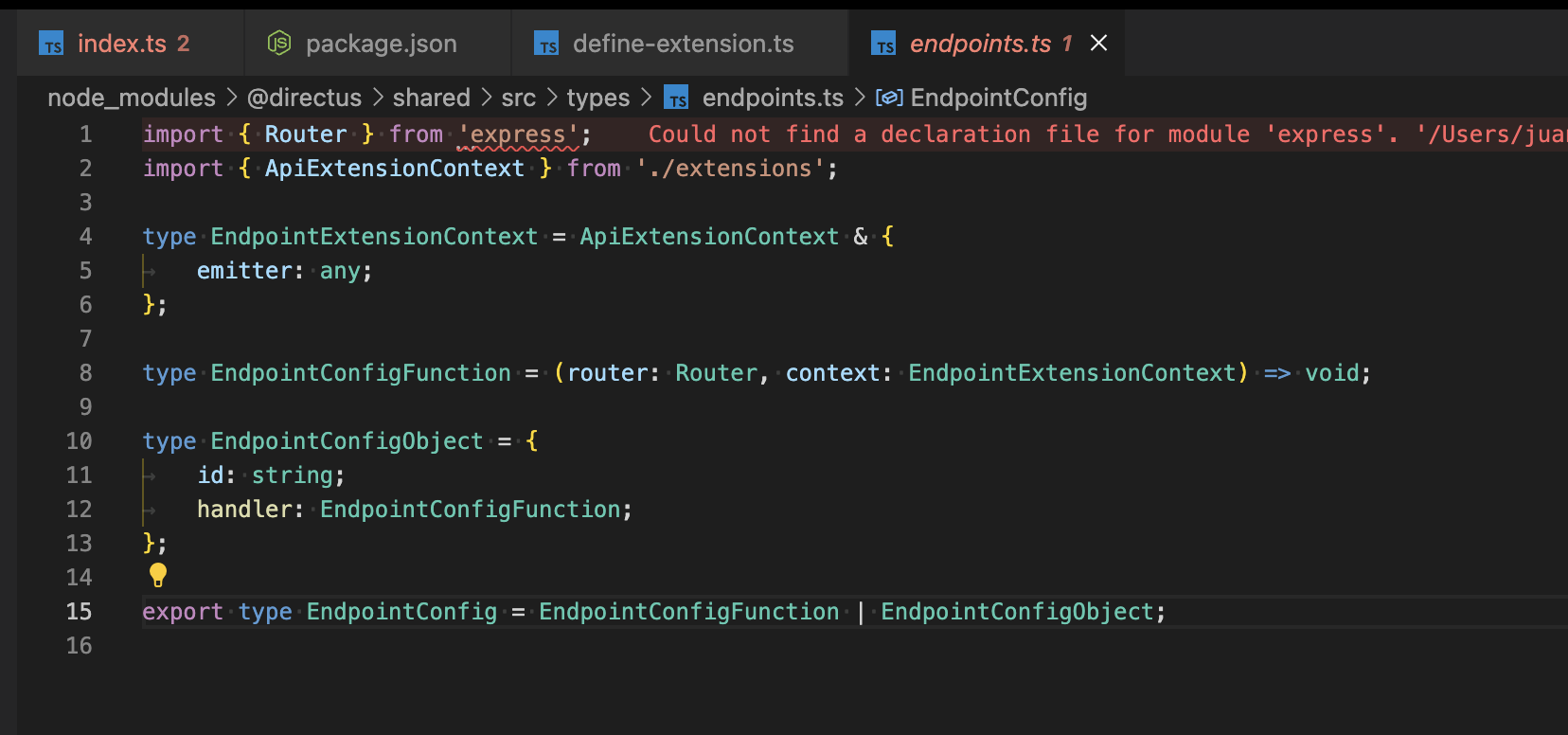 `npm init directus-extension` with `typescript` option does not add ...