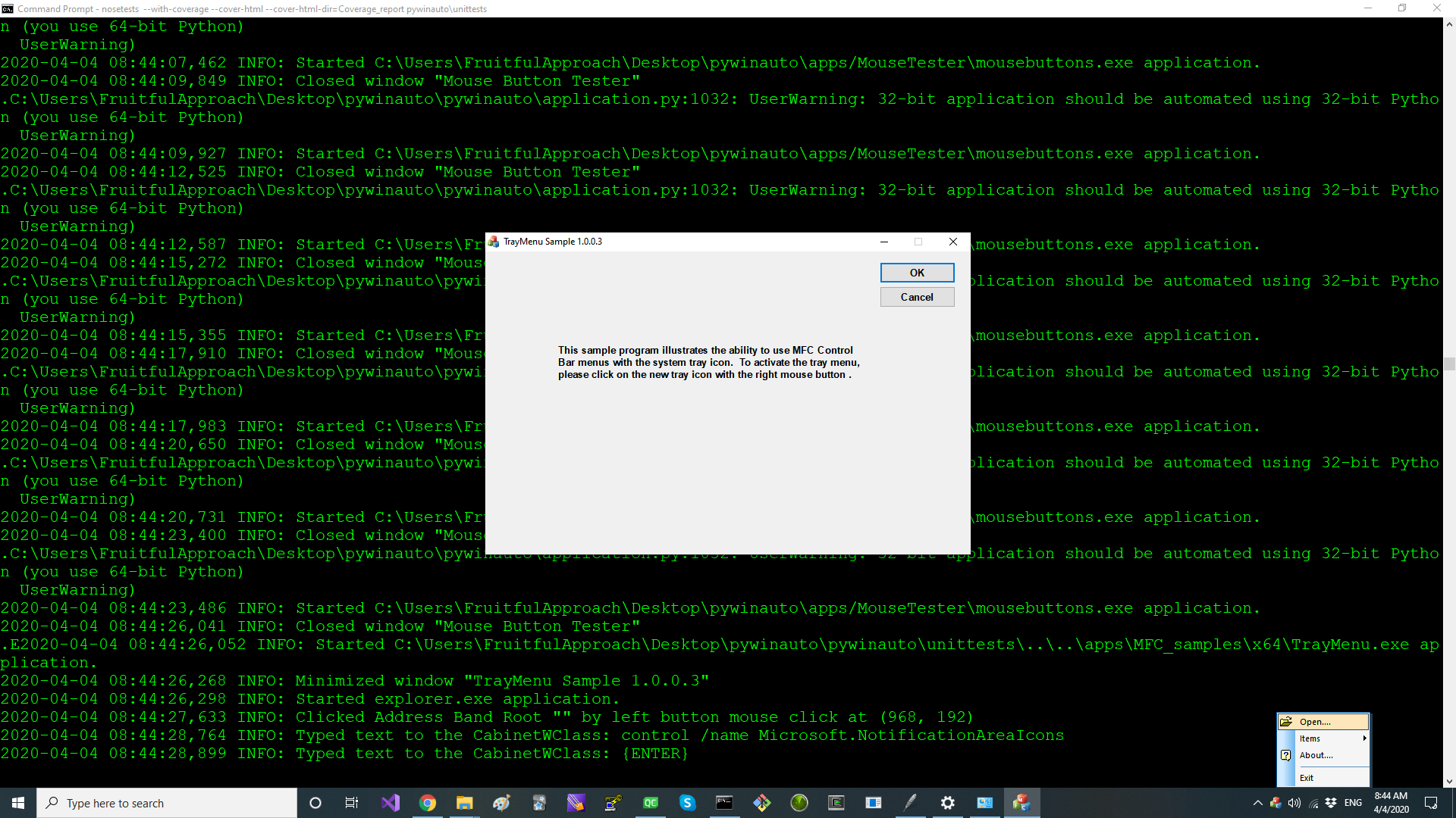 Unittests Pause For Tray Application Right Clicking Oking And It Repeats · Issue 909 