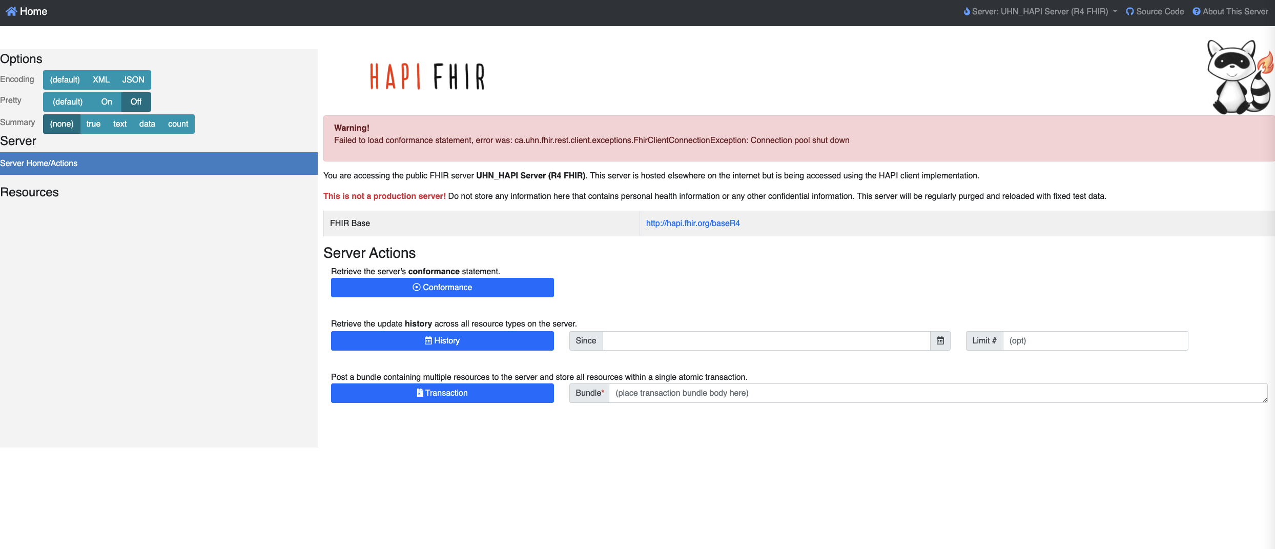 Failed to load conformance statement, error was: ca.uhn.fhir.rest.client.exceptions ...
