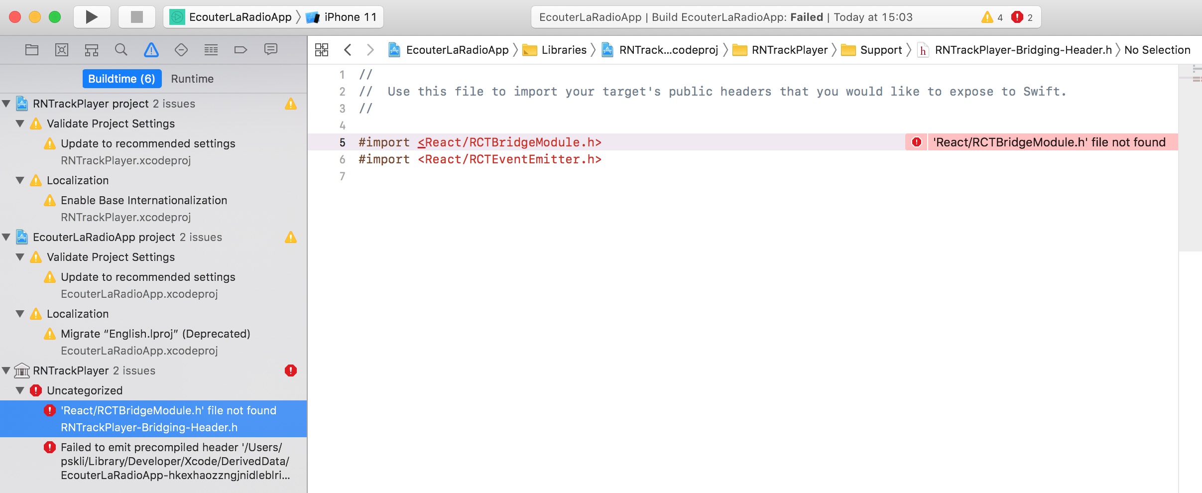React/RCTBridgeModule.h file not found issue when building · Issue #838 · doublesymmetry/react ...