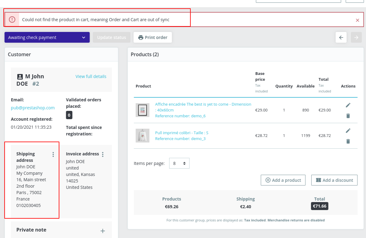 BO - Order page - An error is displayed when changing the addresses for the second time · Issue ...