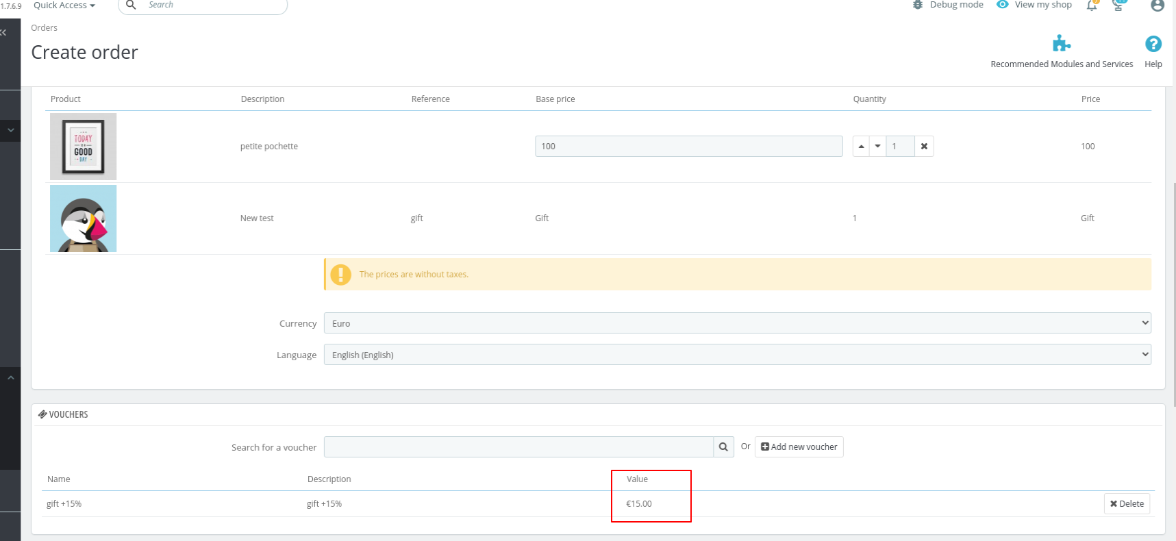 BO - Add new Order page & Shopping cart page - Discount - Incorrect display on FO with free gift ...