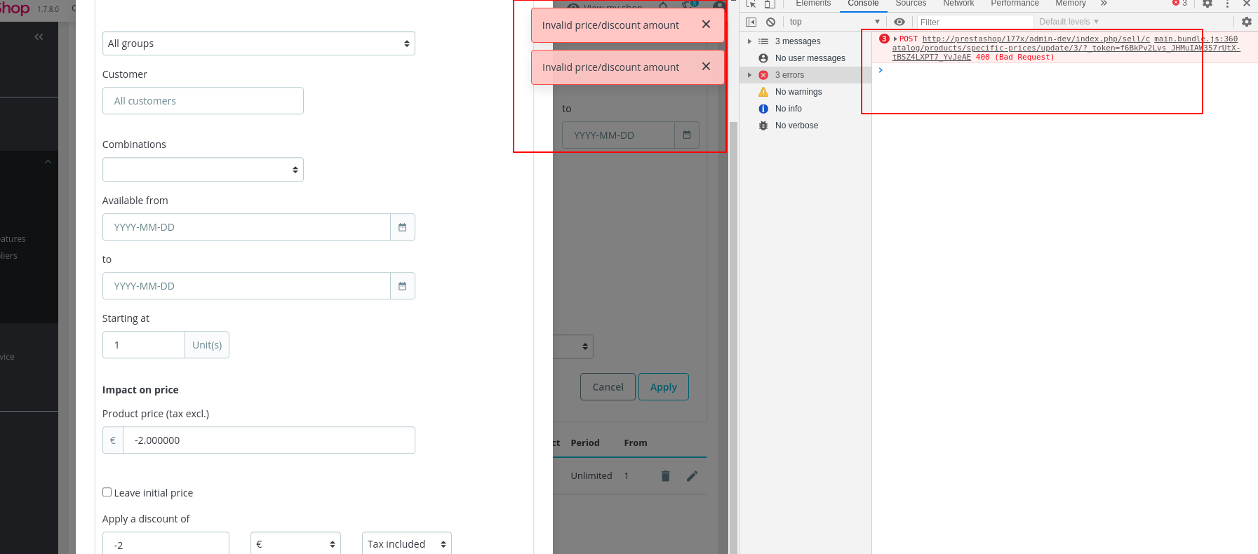 [swedish language] BO - Product page - Negative specific price cannot be saved with an exception ...
