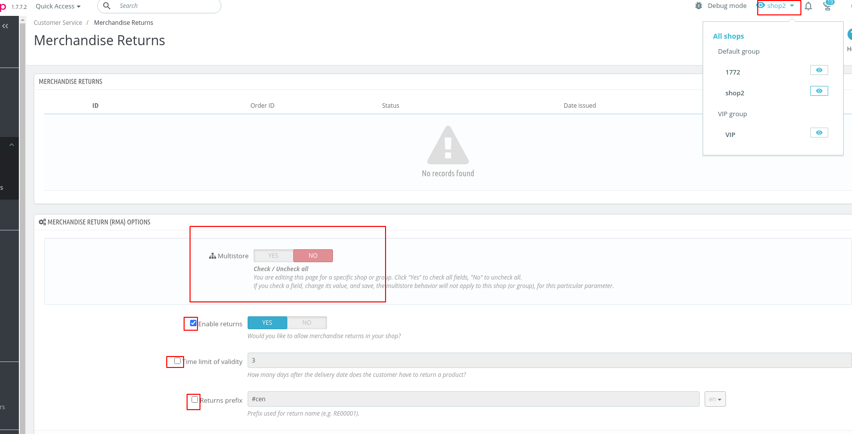 BO - Multistore - Merchandise Returns - The Multistore block & checkboxes are not displayed when ...